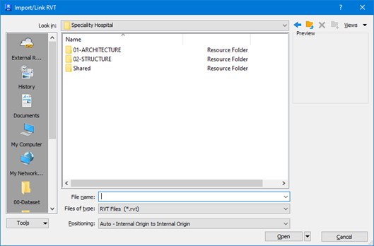 In the Manage Links dialog box, click Add from the bottom right; the Import/Link RVT dialog box ...